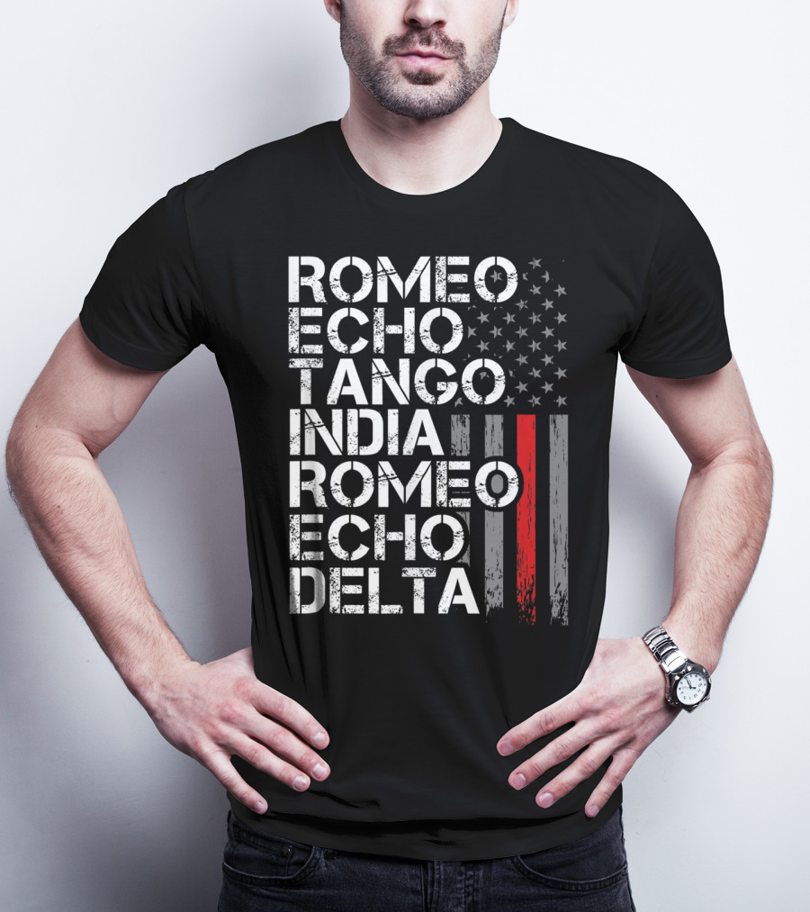 Romeo Echo Tango India Romeo Echo Delta Thin Red Line Retired Firefighter American Flag T-Shirt