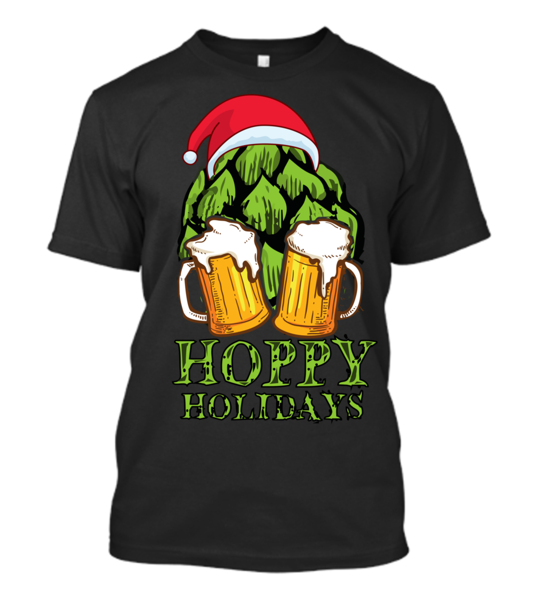 Hoppy Holidays Funny Christmas Craft Beer Hops With Santa Hat And Beer Mugs T-Shirt