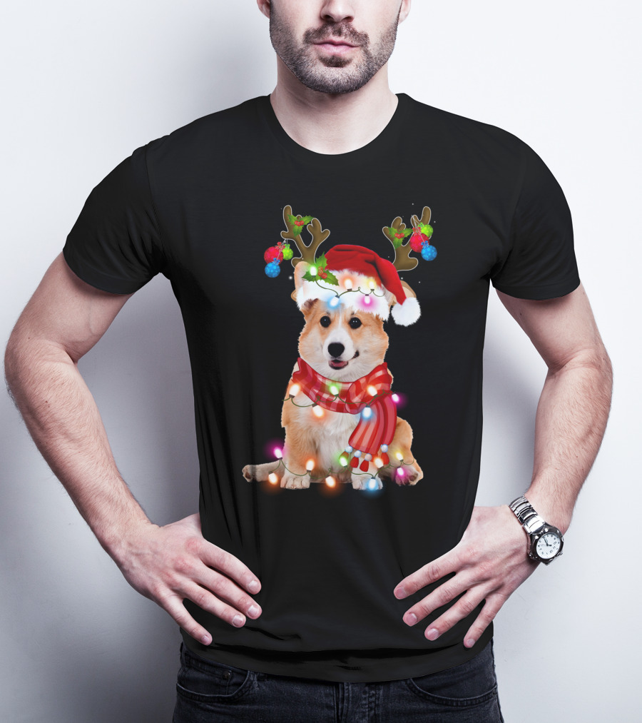 Corgi Christmas Reindeer Antlers Festive Lights And Santa Hat T-Shirt