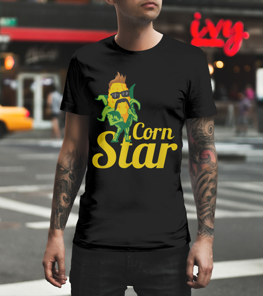 Funny Corn Star With Sunglasses And Mustache Maize Character T-Shirt