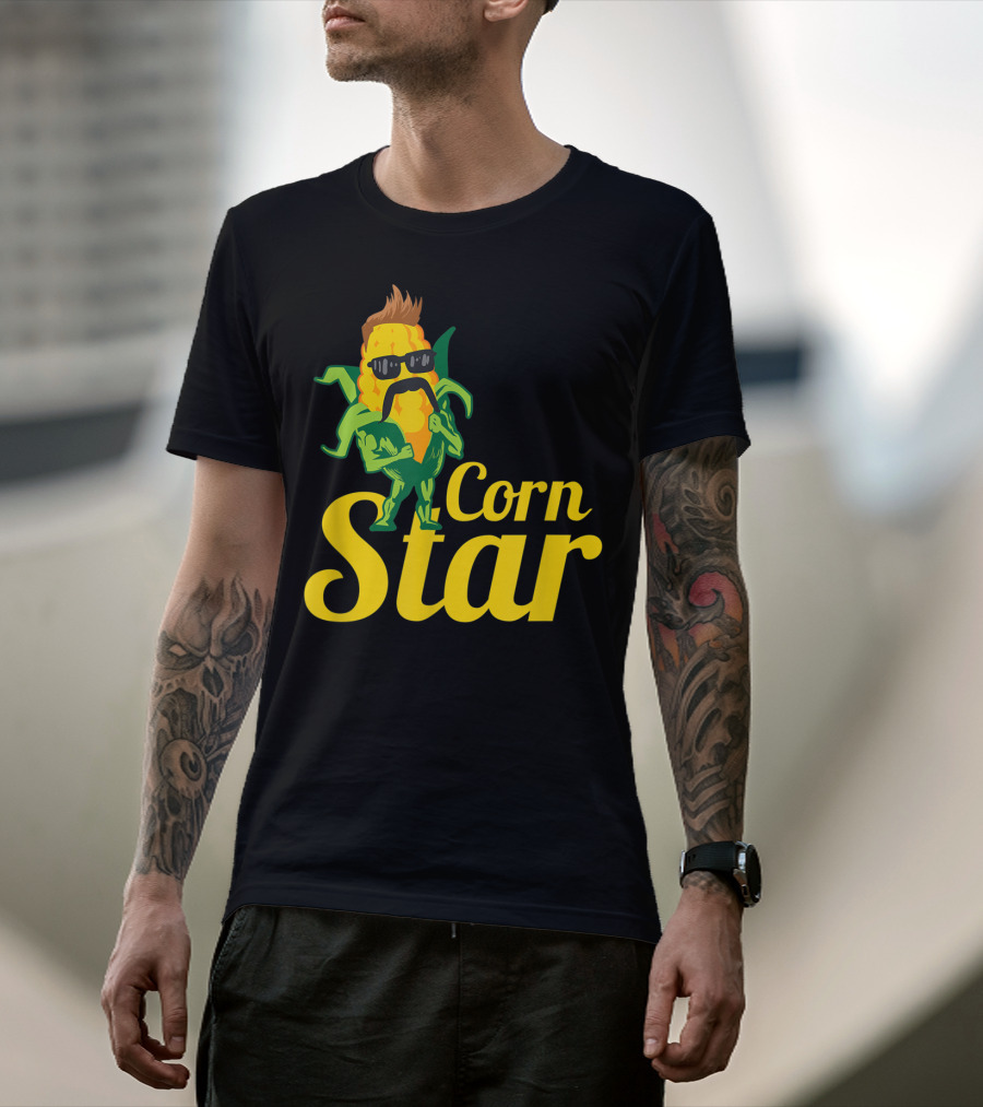 Funny Corn Star With Sunglasses And Mustache Maize Character T-Shirt