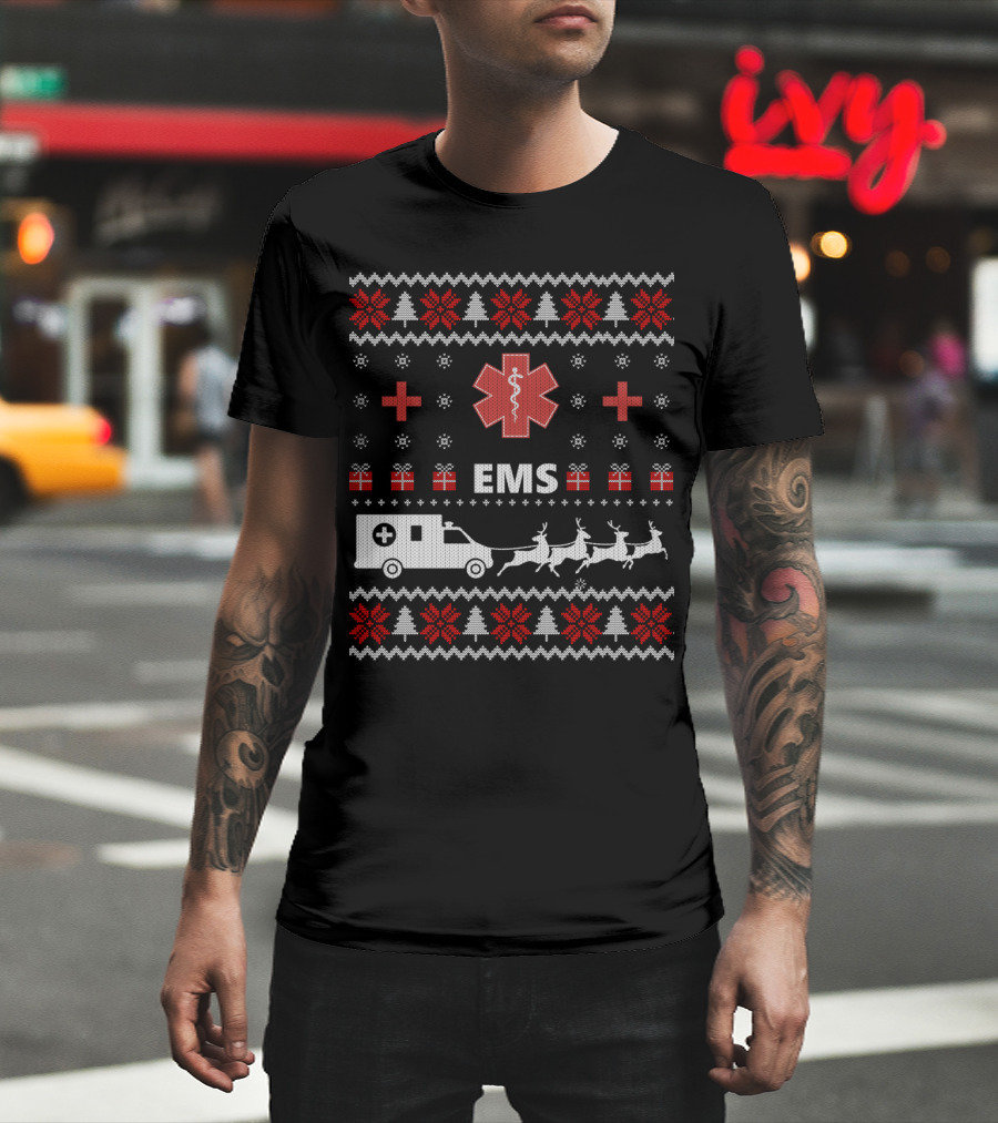 Funny EMS Christmas Ambulance Reindeer Ugly T-Shirt