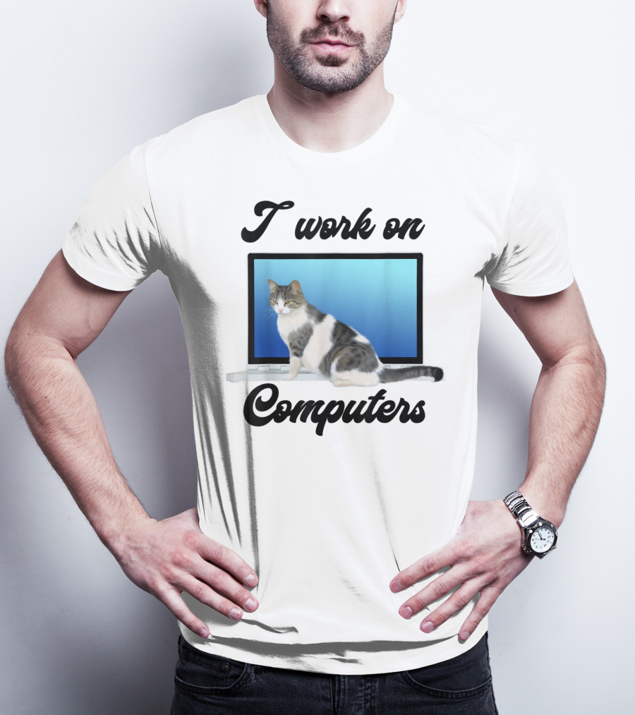 I Work On Computers Funny Grey White Cats Kitty T-Shirt