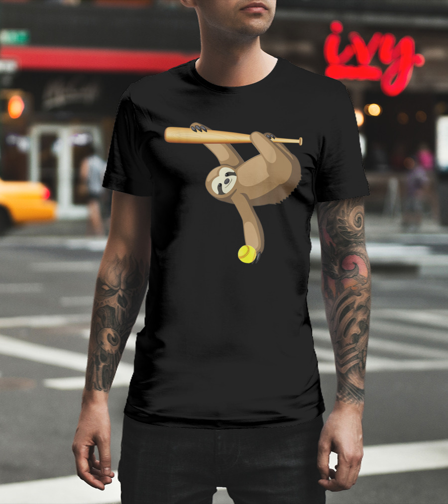 Funny Lazy Sloth Playing Baseball Softball With Bat And Ball T-Shirt
