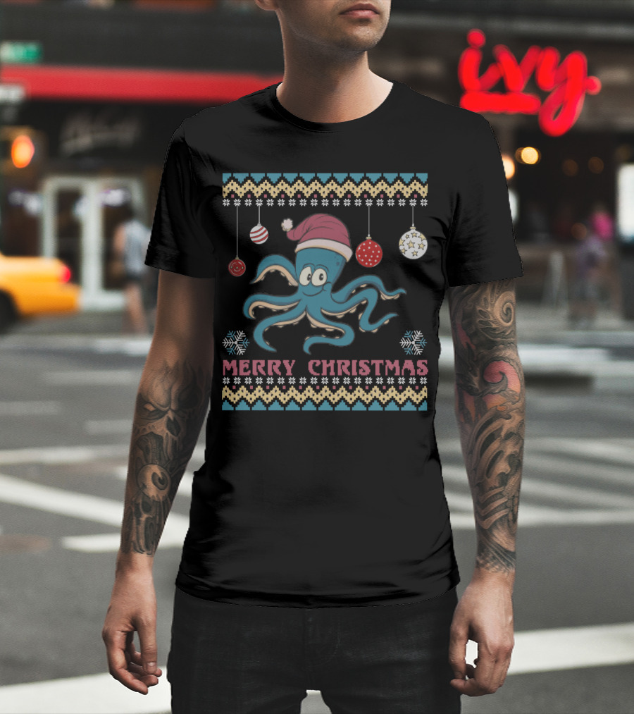 Merry Christmas Funny Octopus Santa Hat Ugly T-Shirt