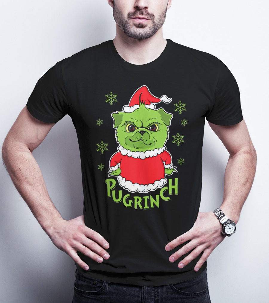 Pugrinch Funny Pug Dog In Christmas Santa Hat With Snowflakes T-Shirt