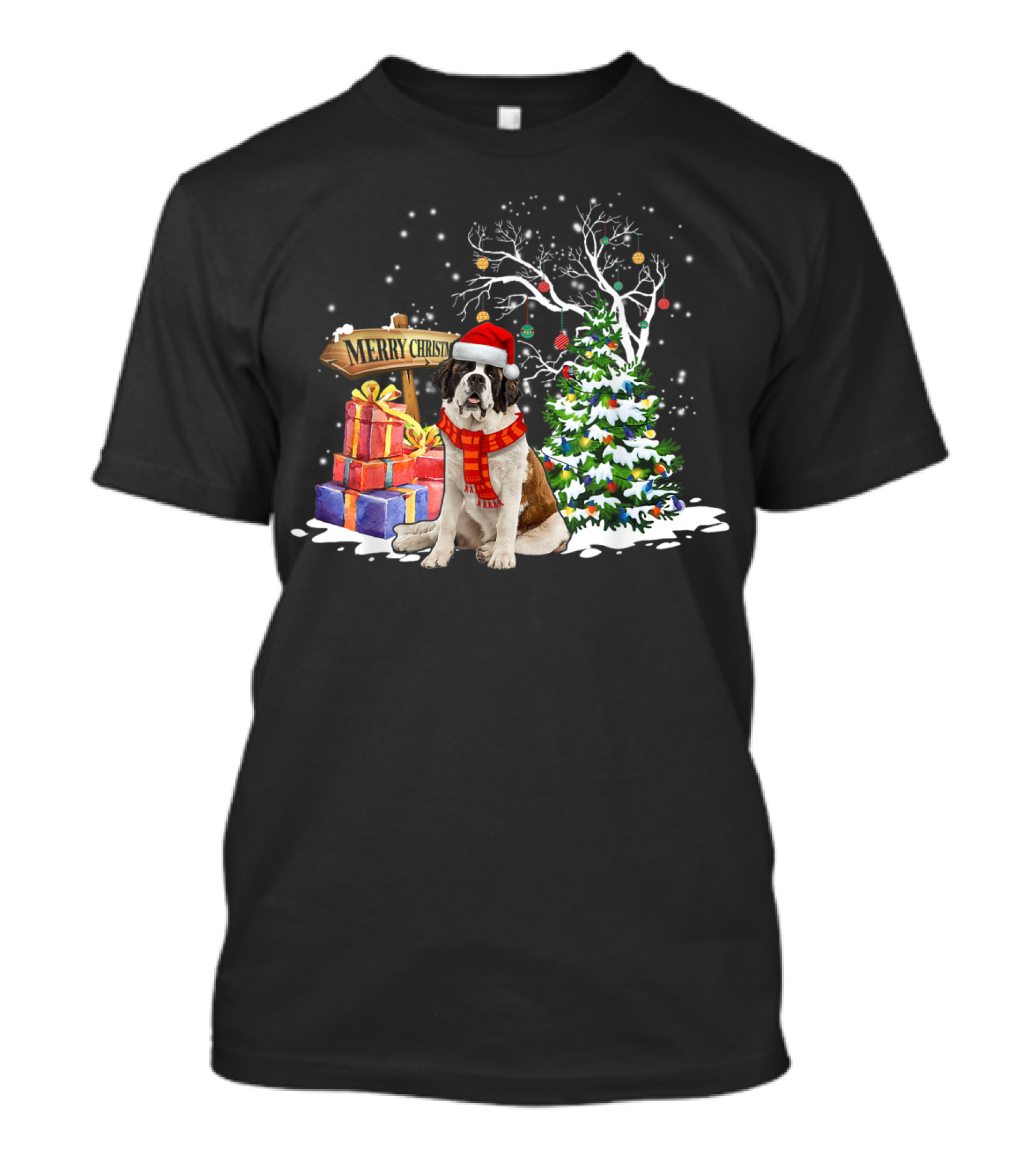 Merry Christmas Saint Bernard Santa Holiday Scene T-Shirt