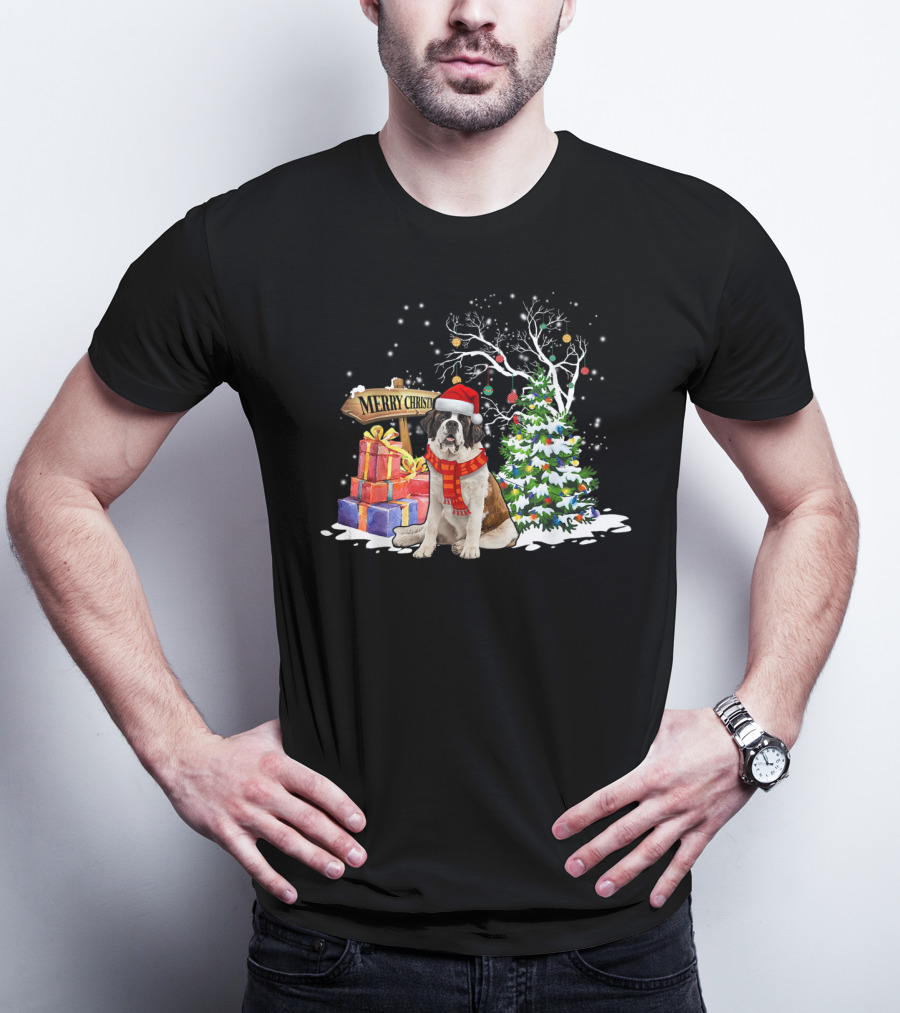 Merry Christmas Saint Bernard Santa Holiday Scene T-Shirt
