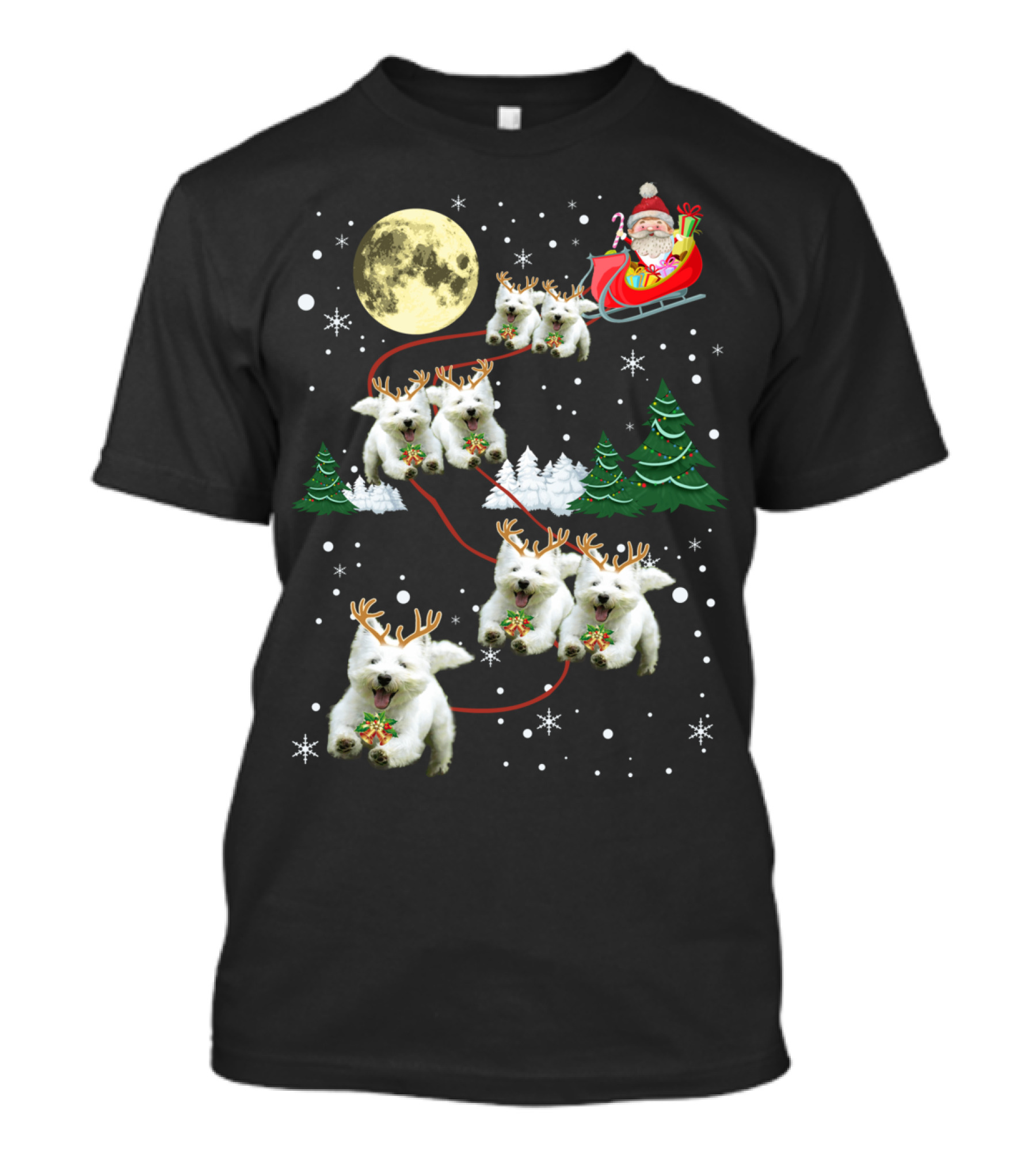 Santa's Sleigh Pulled By Funny Westie Puppies Under Moonlit Christmas Sky T-Shirt