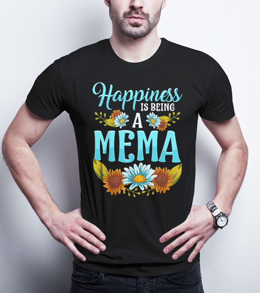 Happiness Is Being A Mema Beautiful Floral Design With Daisies And Sunflowers T-Shirt