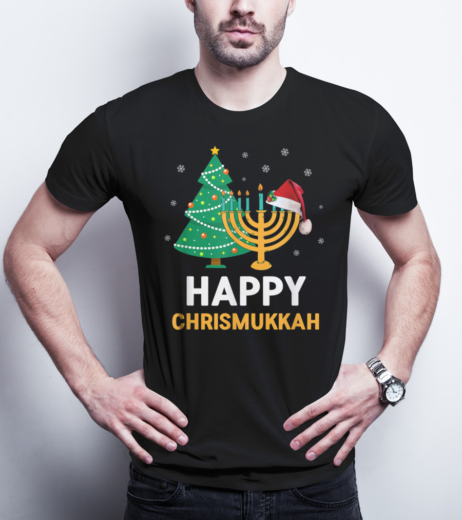 Happy Chrismukkah Funny Hanukkah Christmas Tree Menorah Santa Hat Snowflakes T-Shirt