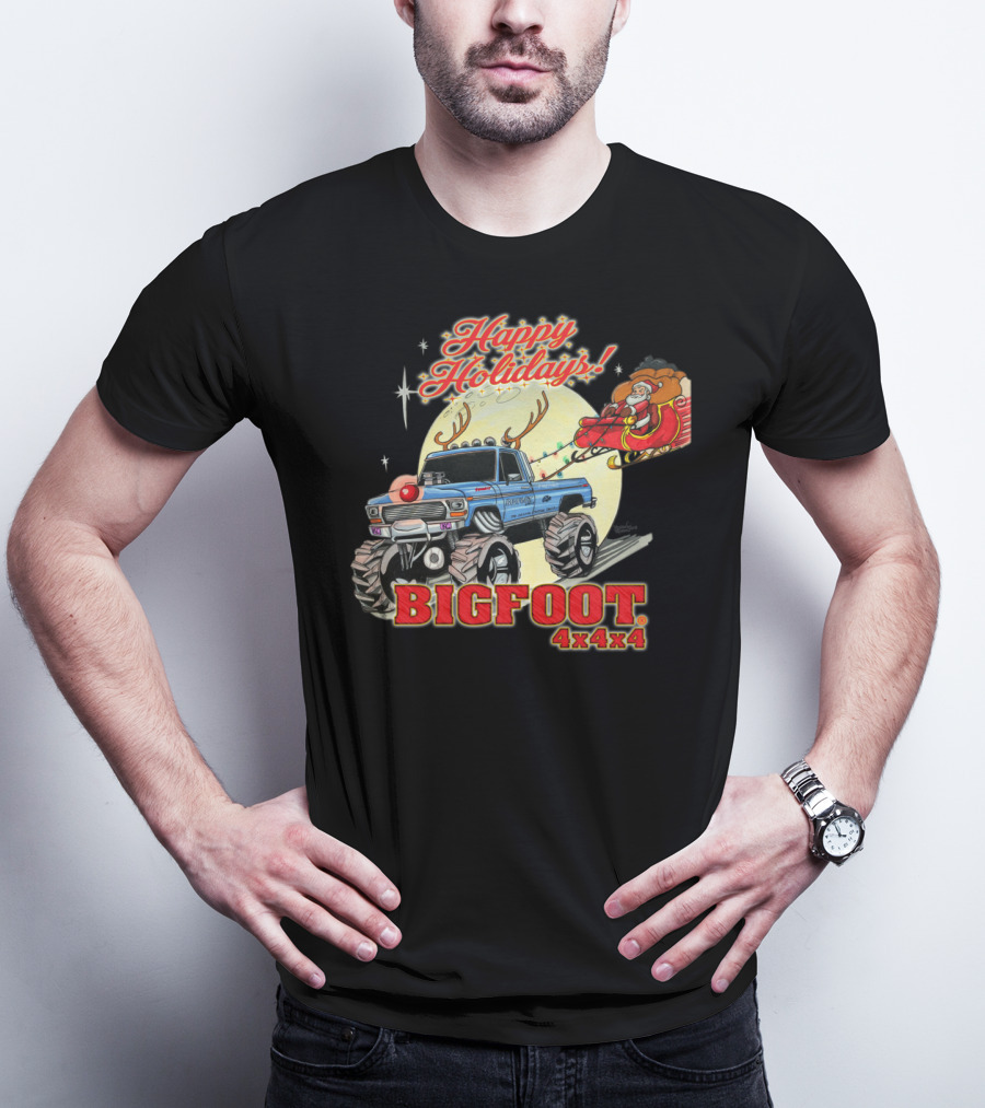 Happy Holidays Bigfoot 4x4x4 Santa Sleigh Reindeer Truck T-Shirt