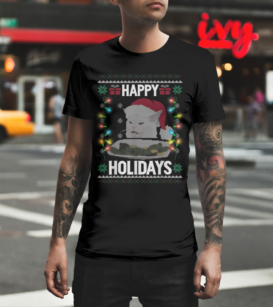 Happy Holidays Yelling Cat Meme Christmas Lights T-Shirt