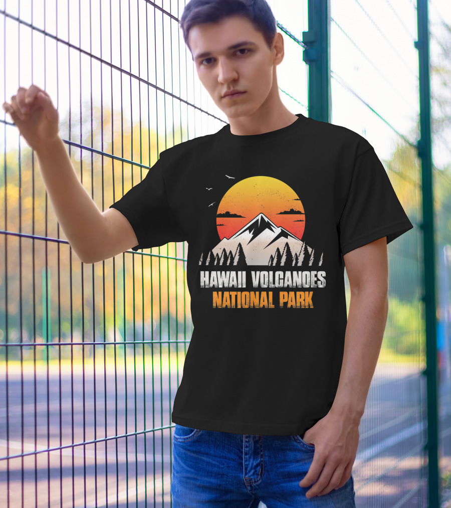 Hawaii Volcanoes National Park Sunset Mountain Landscape With Birds T-Shirt