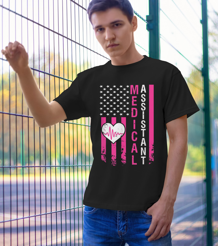 Medical Assistant Heartbeat American Flag T-Shirt