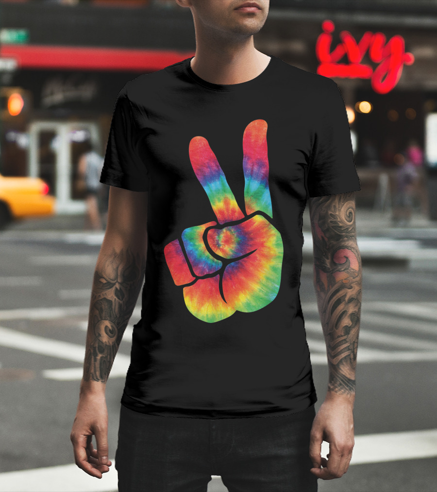 Hippie Tie Dye Peace Hand Colortone Rainbow T-Shirt