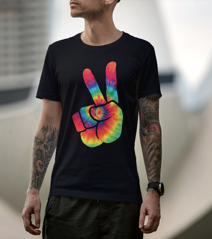 Hippie Tie Dye Peace Hand Colortone Rainbow T-Shirt