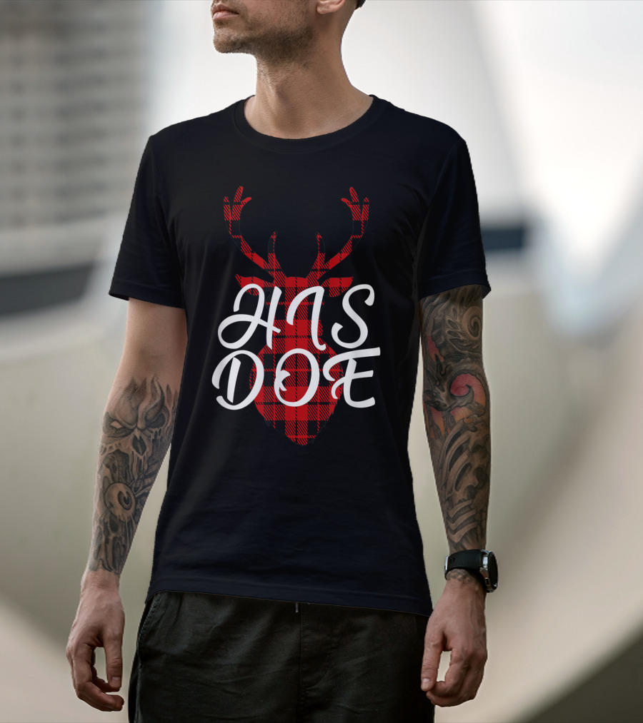 His Doe Couples Matching Red Buffalo Plaid Deer Head T-Shirt