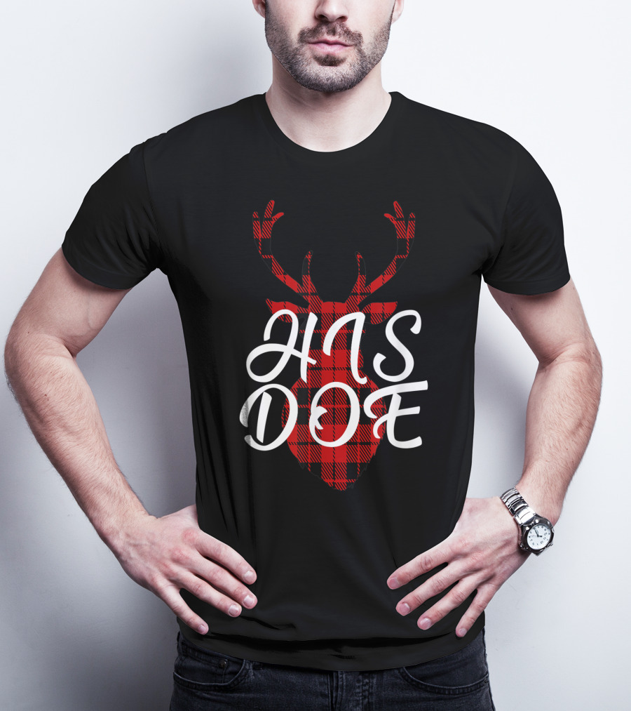 His Doe Couples Matching Red Buffalo Plaid Deer Head T-Shirt