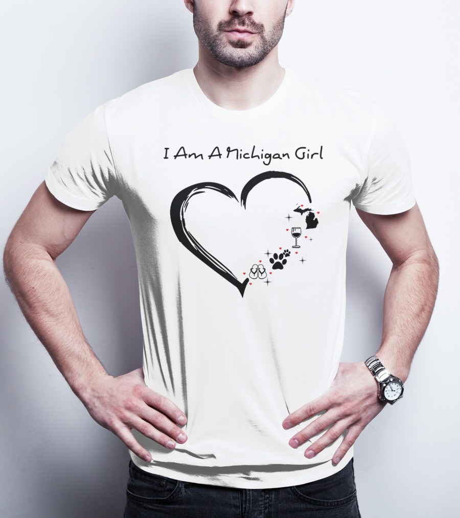 I Am A Michigan Girl Heart Wine Glass Dog Paw Print Flip Flops T-Shirt