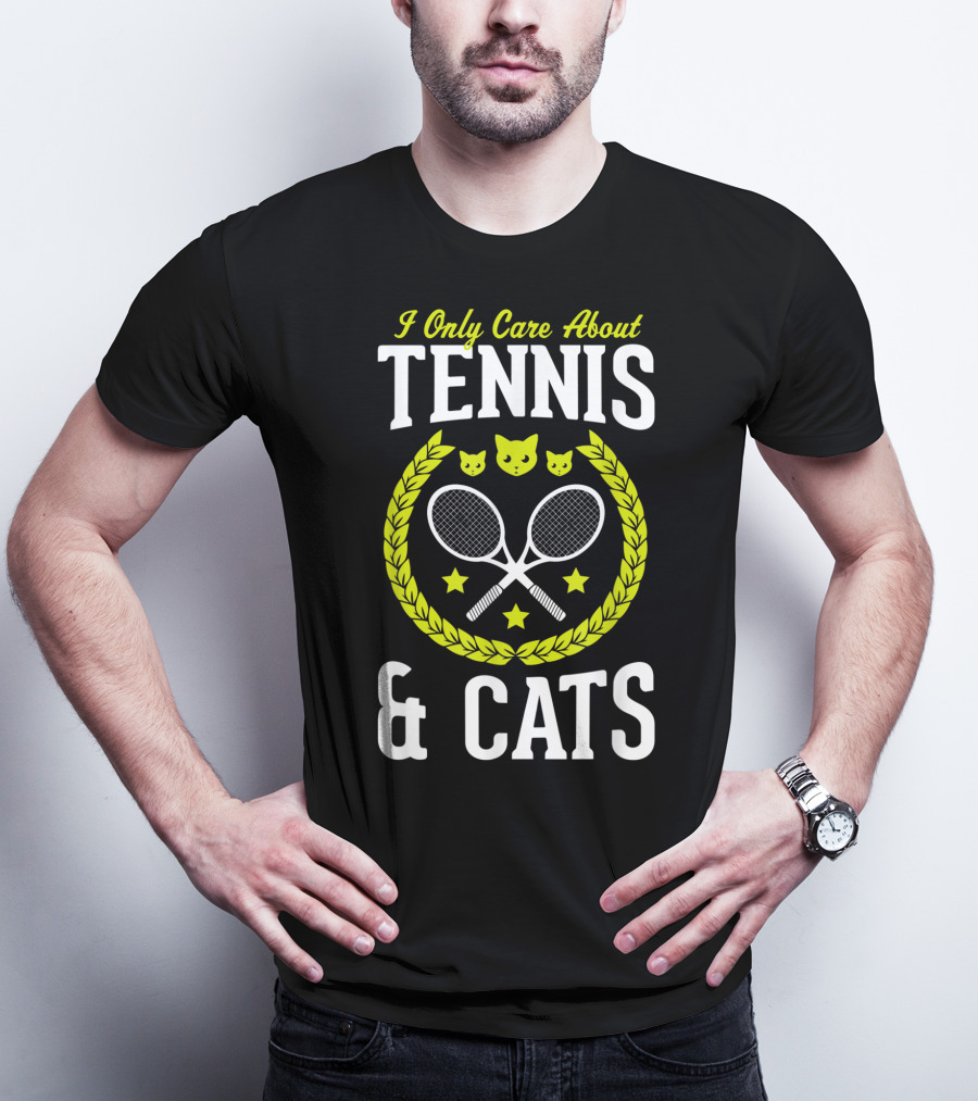 I Only Care About Tennis And Cats Funny Tennis Rackets Cat Faces Laurel Stars T-Shirt