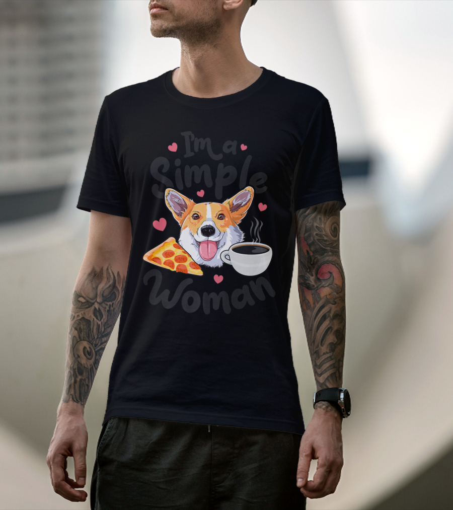 I'm A Simple Woman Corgi Dog Coffee Pizza Hearts T-Shirt