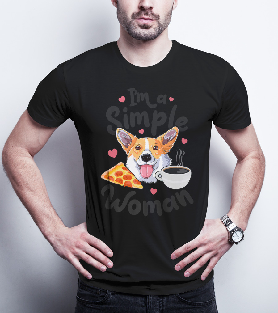 I'm A Simple Woman Corgi Dog Coffee Pizza Hearts T-Shirt