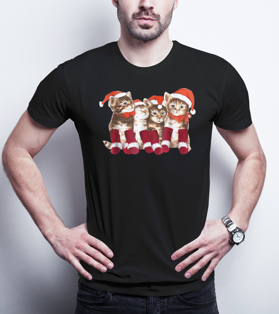Kittens With Santa Hats Funny Christmas Cat Stockings T-Shirt