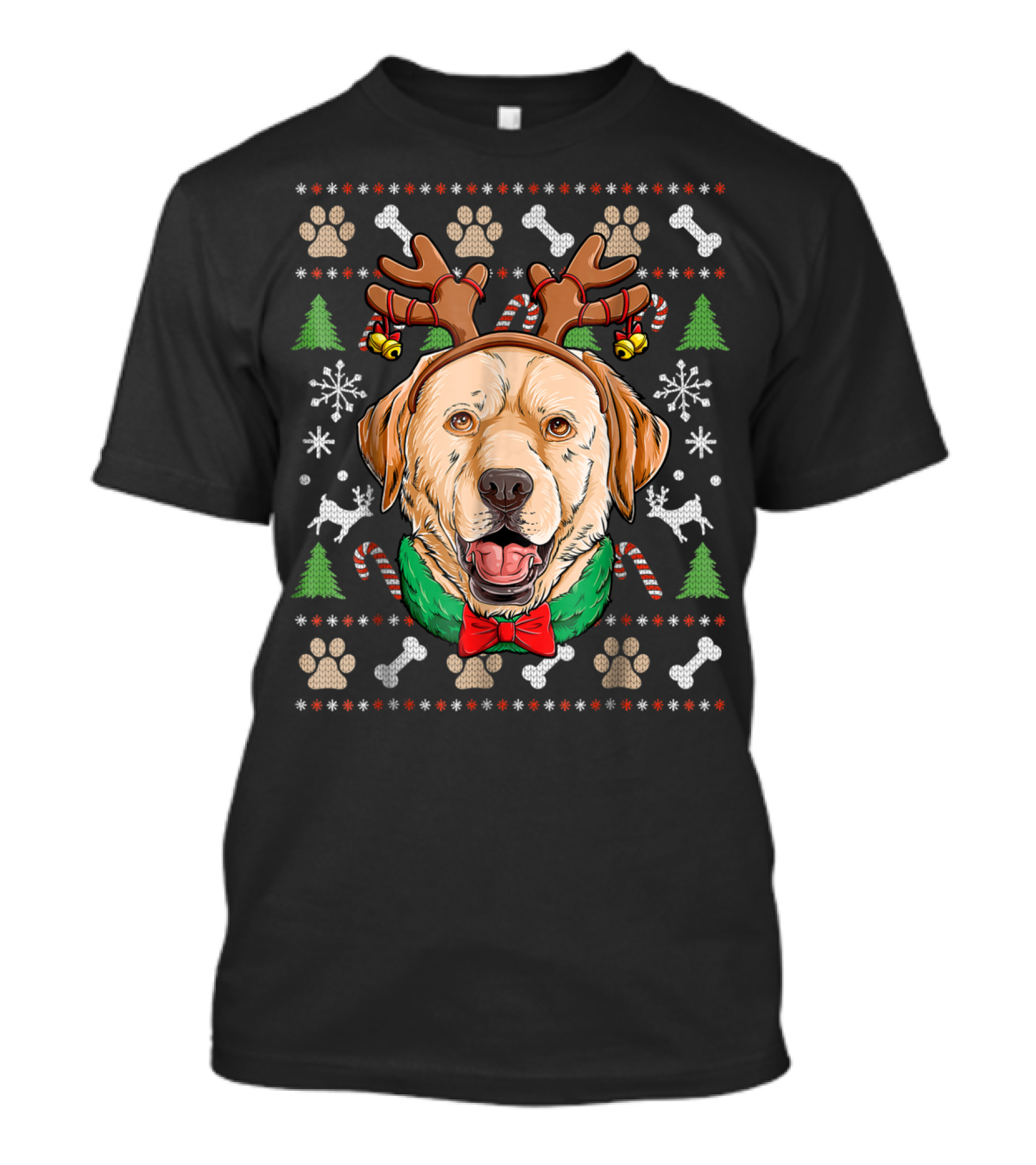 Labrador Reindeer Antlers Ugly Christmas Dog With Candy Canes And Paw Prints T-Shirt