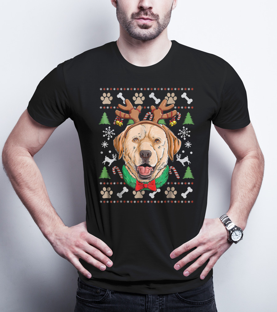 Labrador Reindeer Antlers Ugly Christmas Dog With Candy Canes And Paw Prints T-Shirt