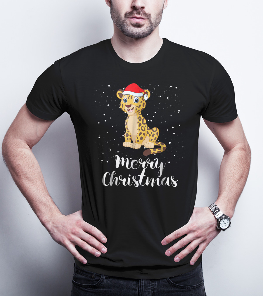 Merry Christmas Leopard Santa Hat Matching Family Group T-Shirt