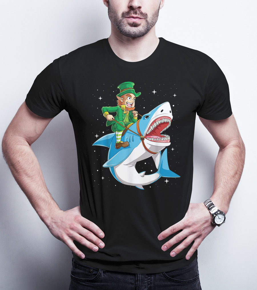 Leprechaun On Great White Shark With Starry Background T-Shirt