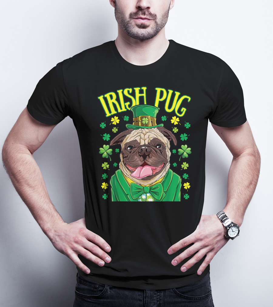 Irish Pug Leprechaun St Patricks Day Boys Dog Shamrock Hat Bow Tie T-Shirt