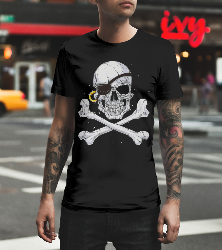 Jolly Roger Skull Crossbones Pirate Eye Patch Gold Earring T-Shirt