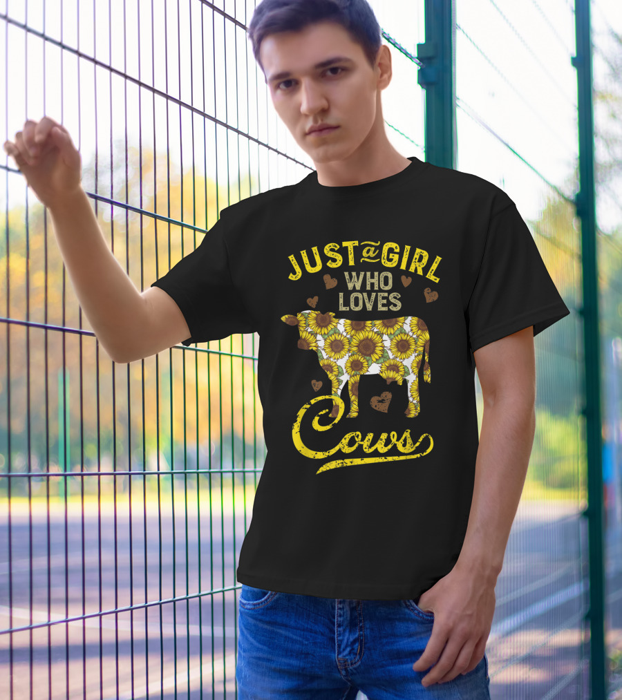 Just A Girl Who Loves Cows Sunflower Farm Sunflower Patterned Cow With Hearts T-Shirt