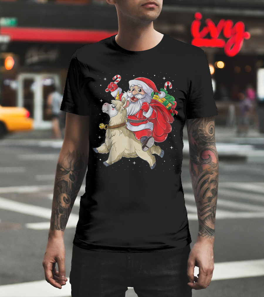 Santa Claus Riding Llamacorn Unicorn With Candy Canes And Gifts T-Shirt