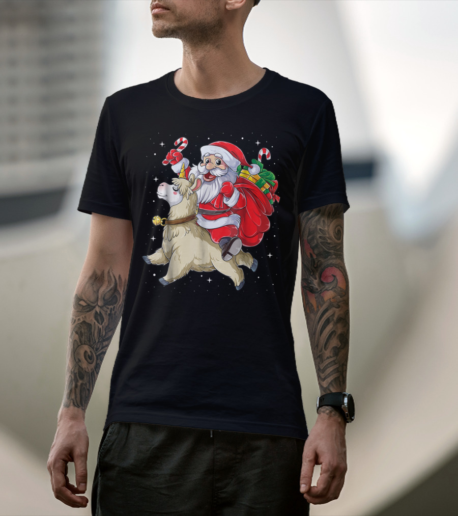 Santa Claus Riding Llamacorn Unicorn With Candy Canes And Gifts T-Shirt