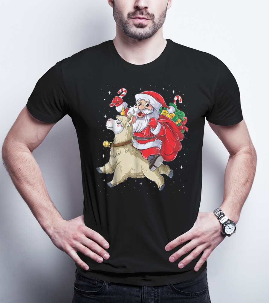 Santa Claus Riding Llamacorn Unicorn With Candy Canes And Gifts T-Shirt