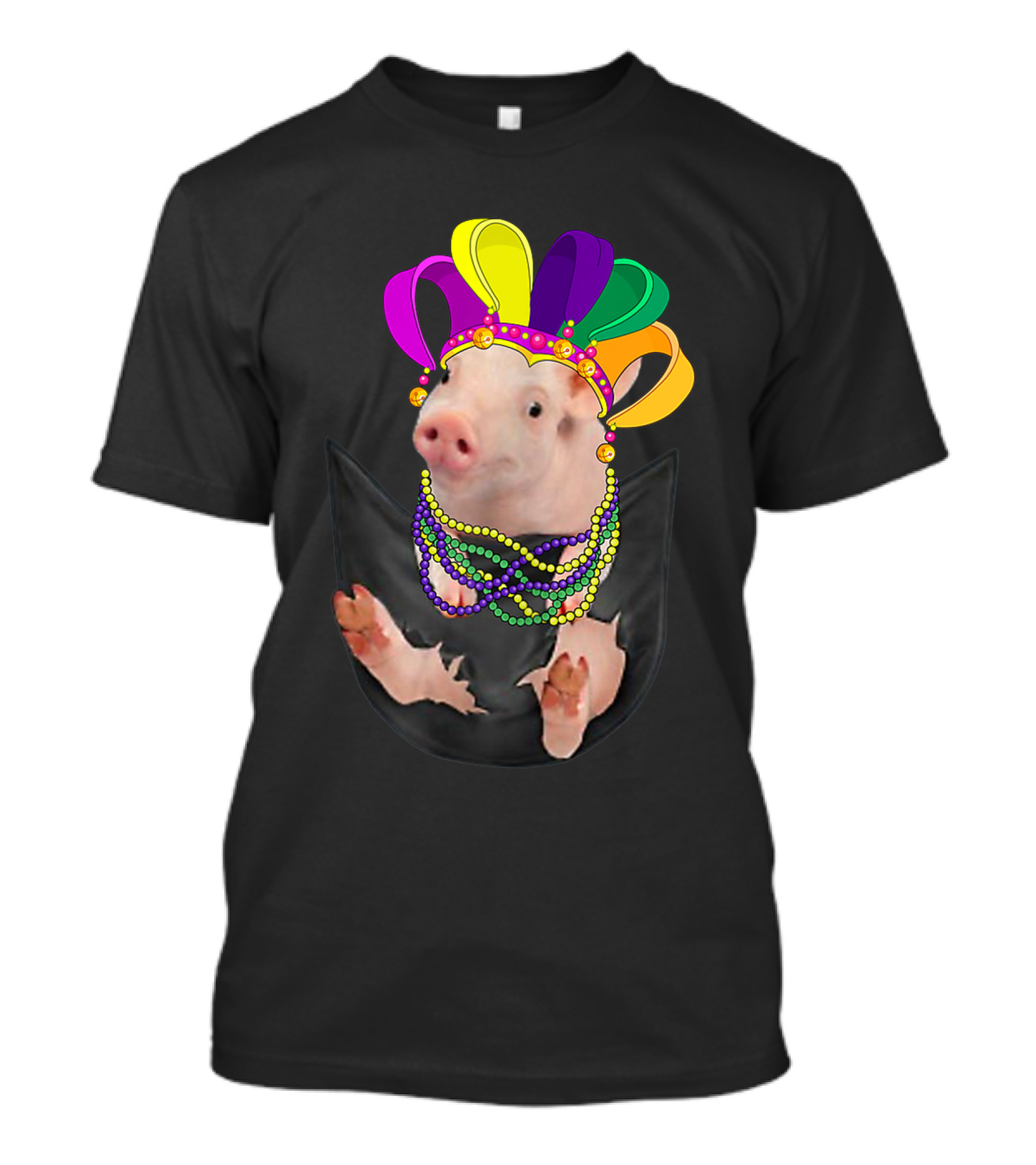 Mardi Gras Pig In Your Pocket With Colorful Beads And Jester Hat Farm Animal T-Shirt