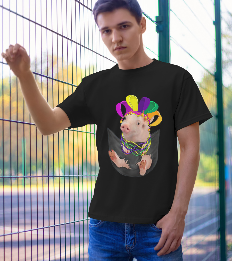 Mardi Gras Pig In Your Pocket With Colorful Beads And Jester Hat Farm Animal T-Shirt