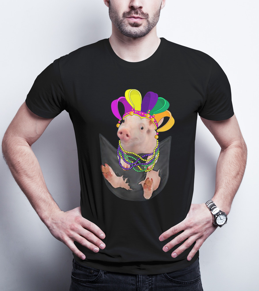 Mardi Gras Pig In Your Pocket With Colorful Beads And Jester Hat Farm Animal T-Shirt