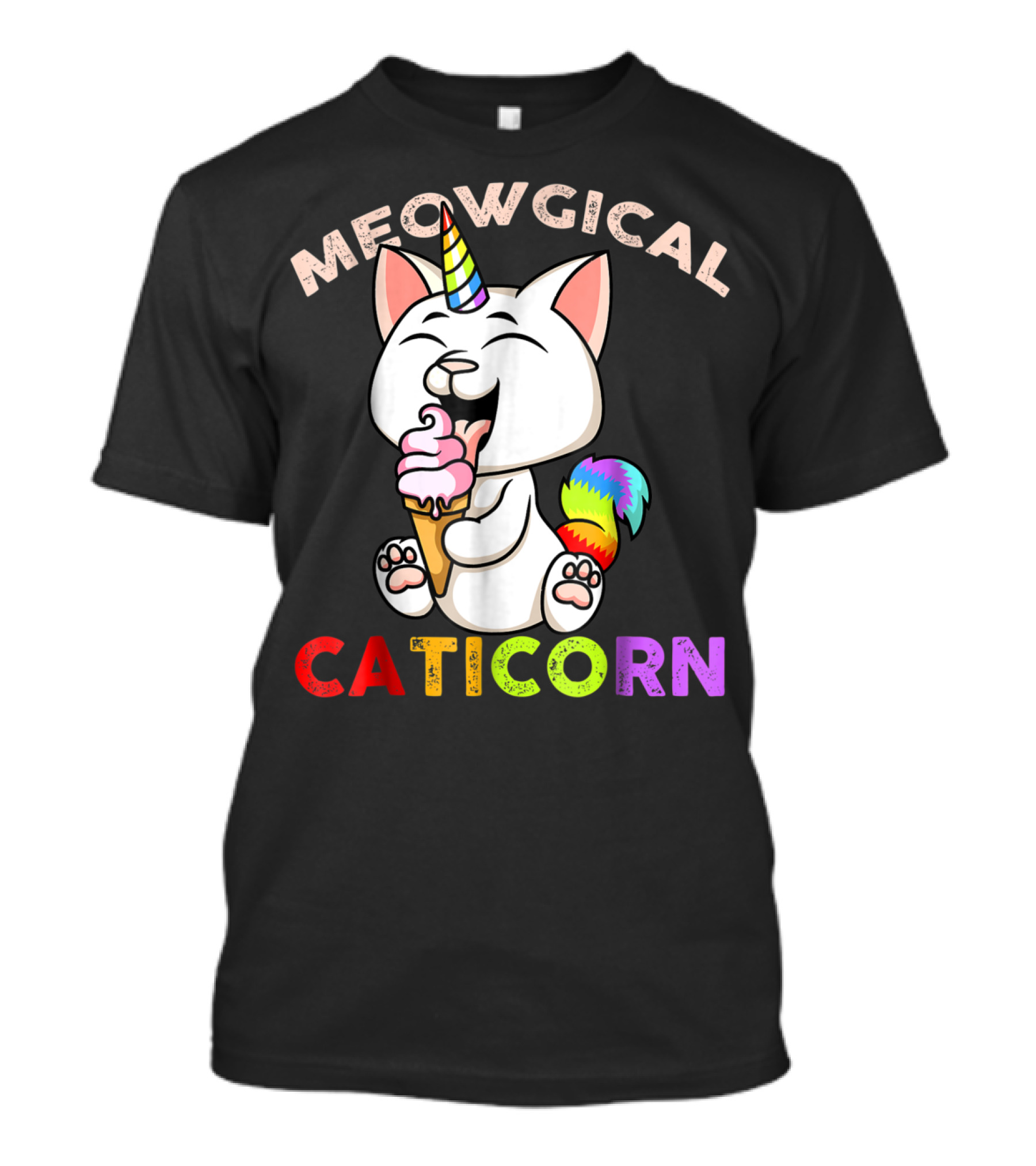 Meowgical Caticorn Rainbow Cat Unicorn Eating Ice Cream Cone T-Shirt