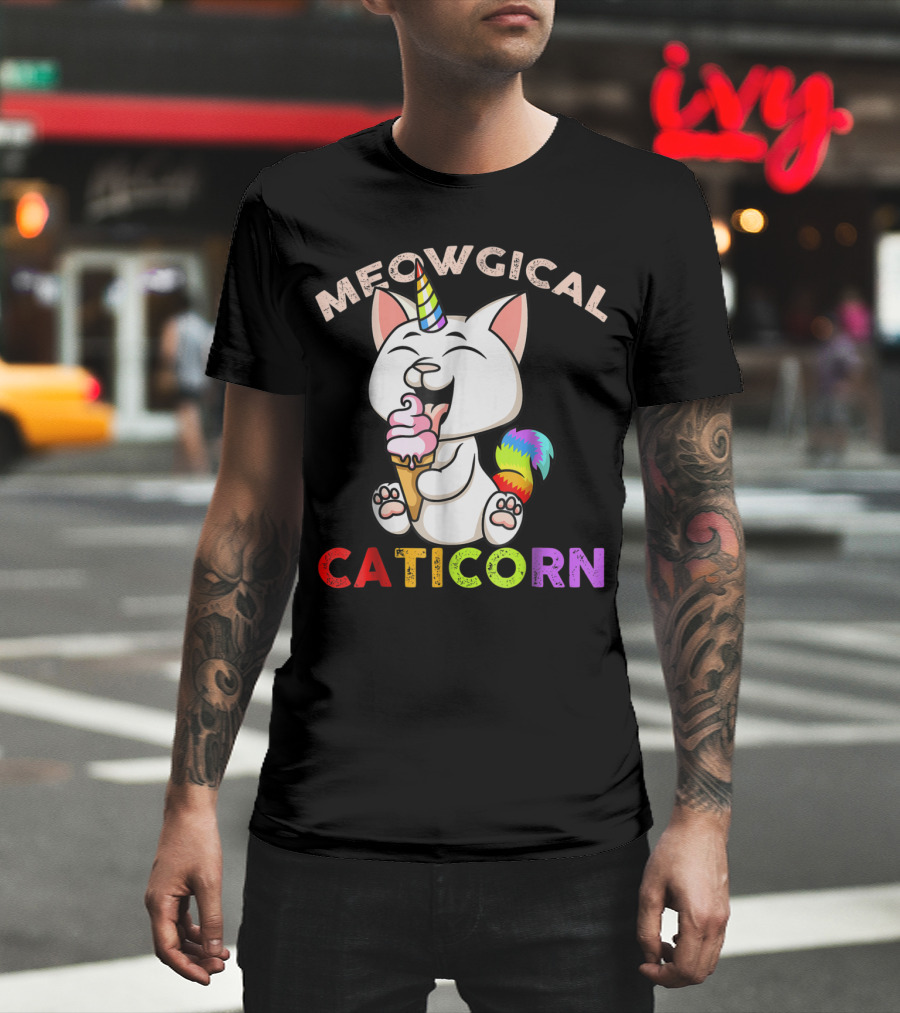 Meowgical Caticorn Rainbow Cat Unicorn Eating Ice Cream Cone T-Shirt