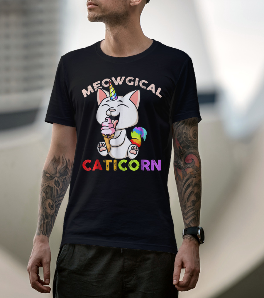 Meowgical Caticorn Rainbow Cat Unicorn Eating Ice Cream Cone T-Shirt