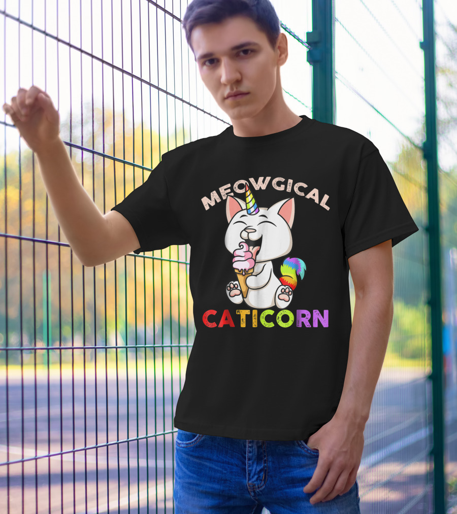 Meowgical Caticorn Rainbow Cat Unicorn Eating Ice Cream Cone T-Shirt