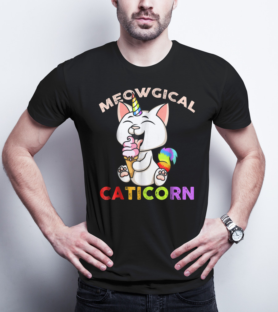 Meowgical Caticorn Rainbow Cat Unicorn Eating Ice Cream Cone T-Shirt