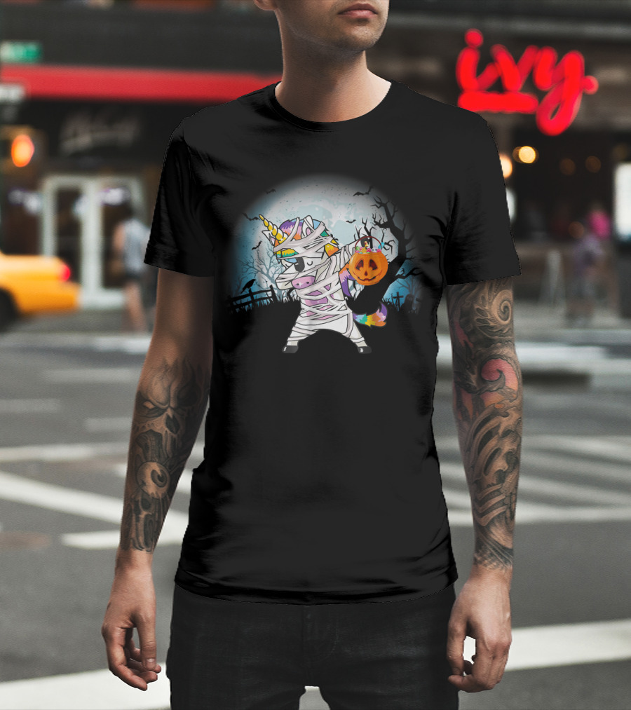 Halloween Mummy Unicorn Dabbing With Pumpkin Basket T-Shirt