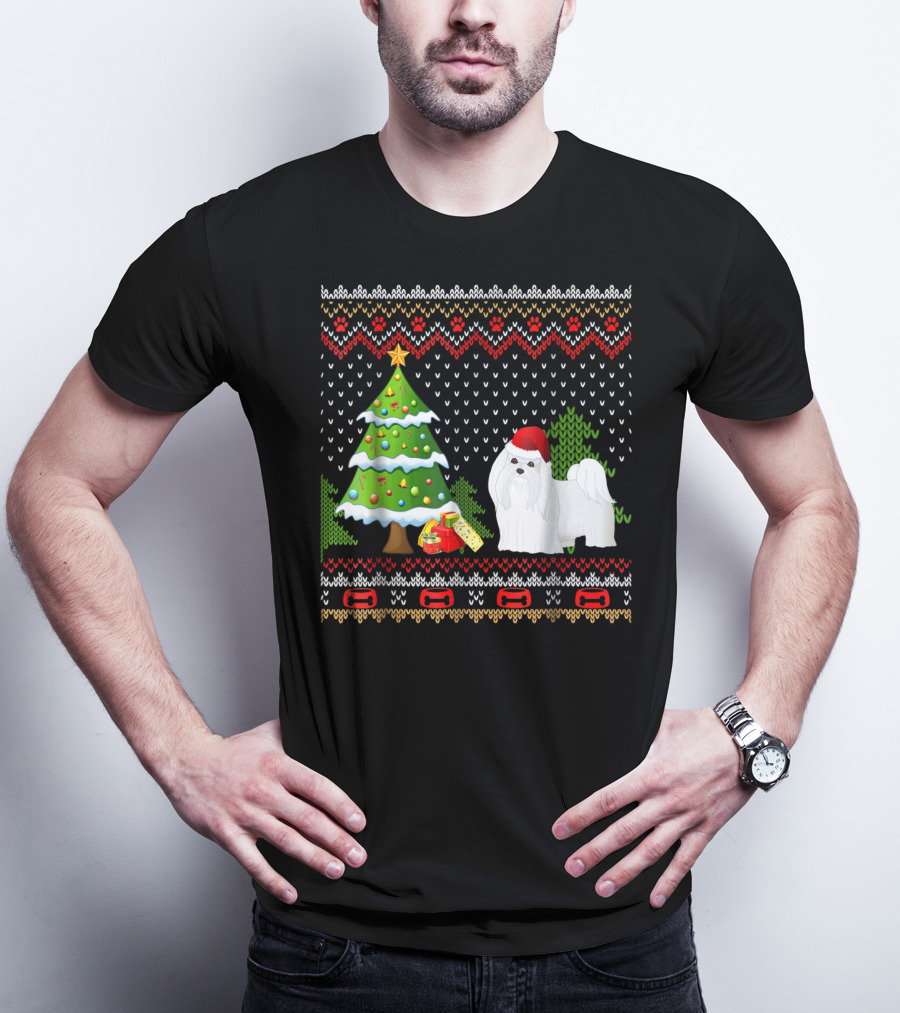 Maltese Santa Christmas UglyDog With Festive Tree And Gifts T-Shirt