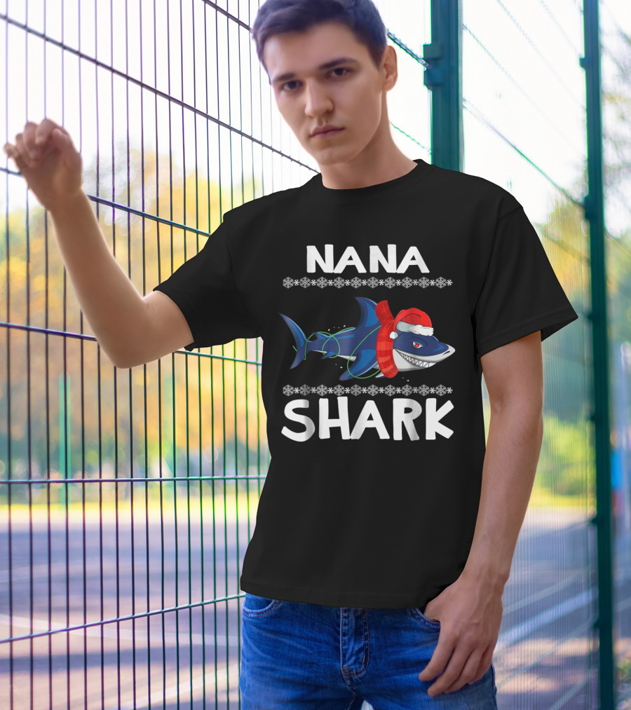 Nana Shark Christmas Sweater With Santa Hat And Snowflakes T-Shirt