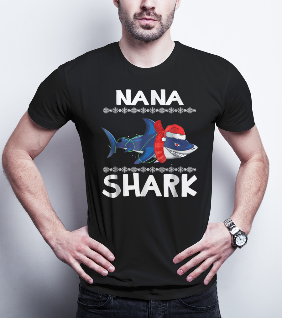 Nana Shark Christmas Sweater With Santa Hat And Snowflakes T-Shirt